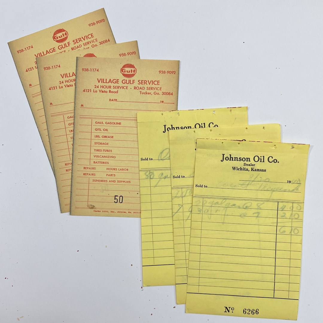 Set of 6. Vintage Gulf Service and Vintage Johnson Oil Receipts ...