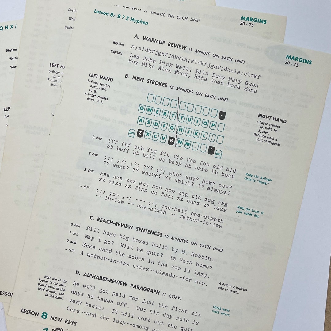 Set of 12 Pages From Vintage Typing Class Book. High School. Business ...