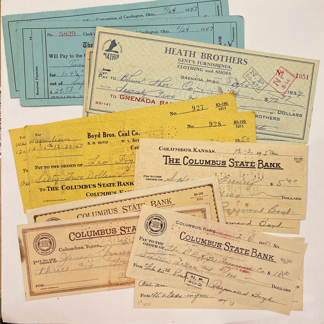 Set of Twelve Vintage Bank Checks. Blue. Yellow. Gold. Kansas. Junk ...