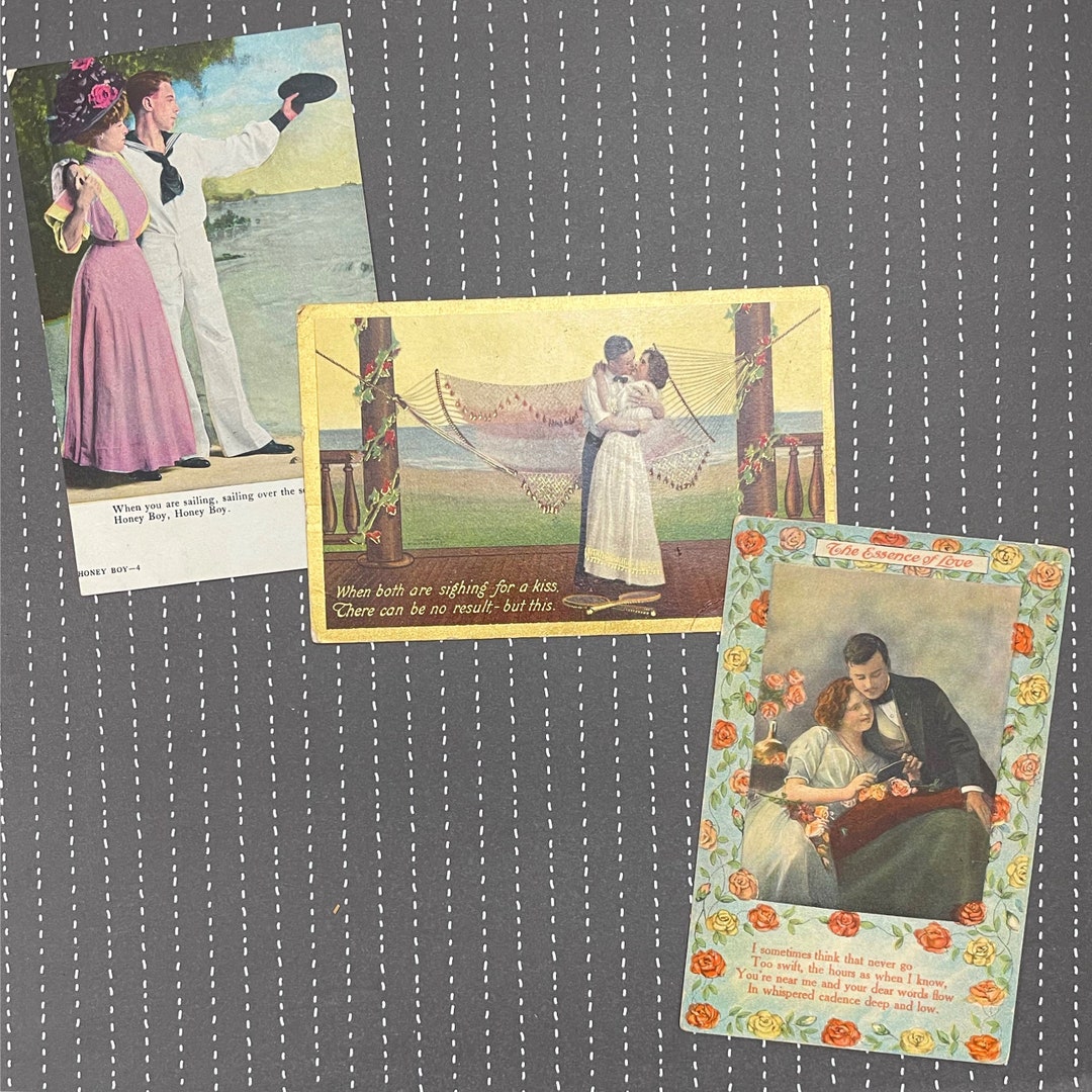 Set of Three Vintage, Romantic Couples Postcards. Kissing. Cuddling ...
