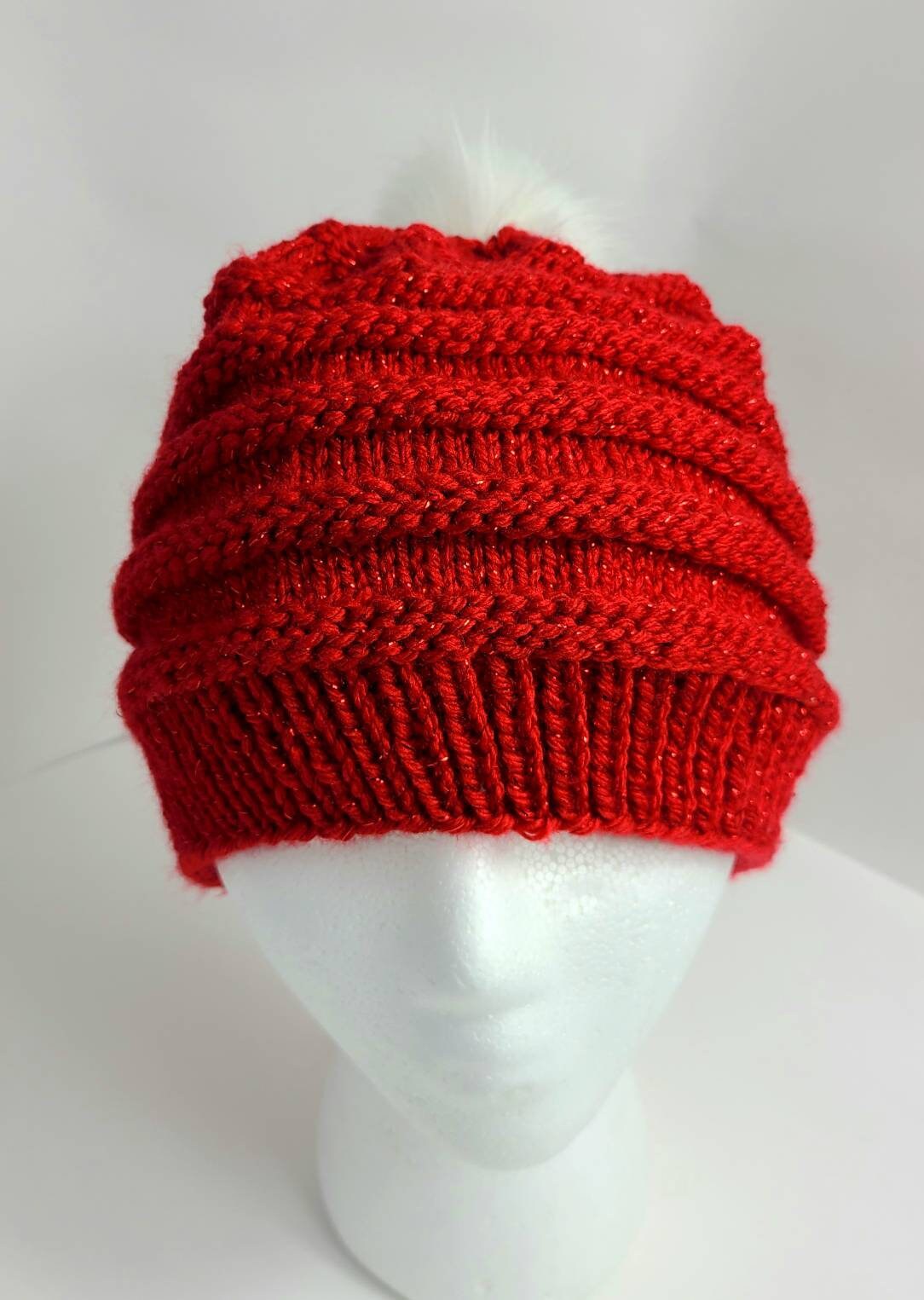 Ready to Ship Red Metallic Knit Beanie With Faux Fur Pom - Etsy