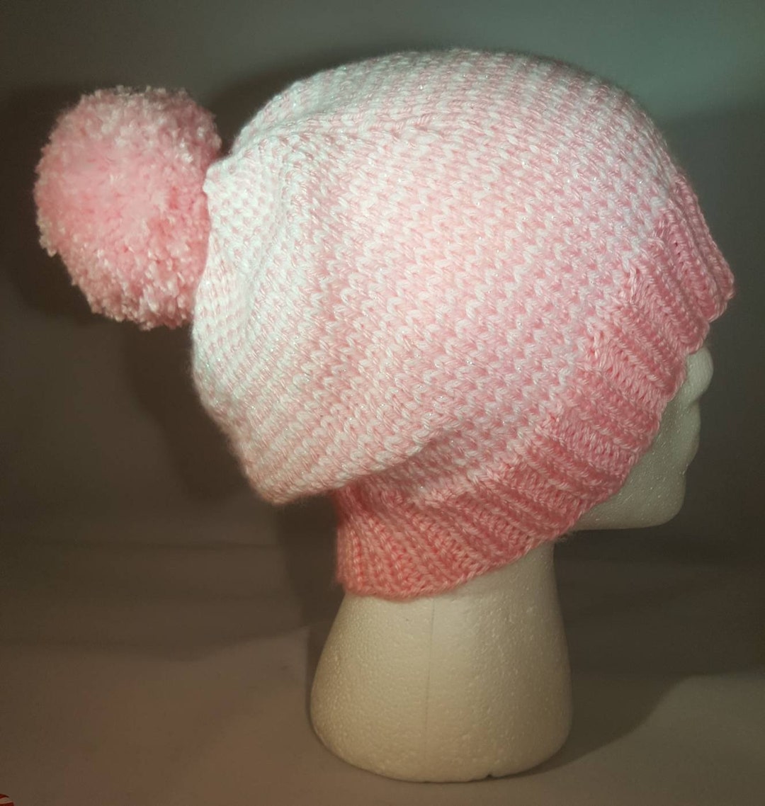 Ready to Ship Pink and White Slouchy Beanie, Adult, Knit Beanie Hat ...