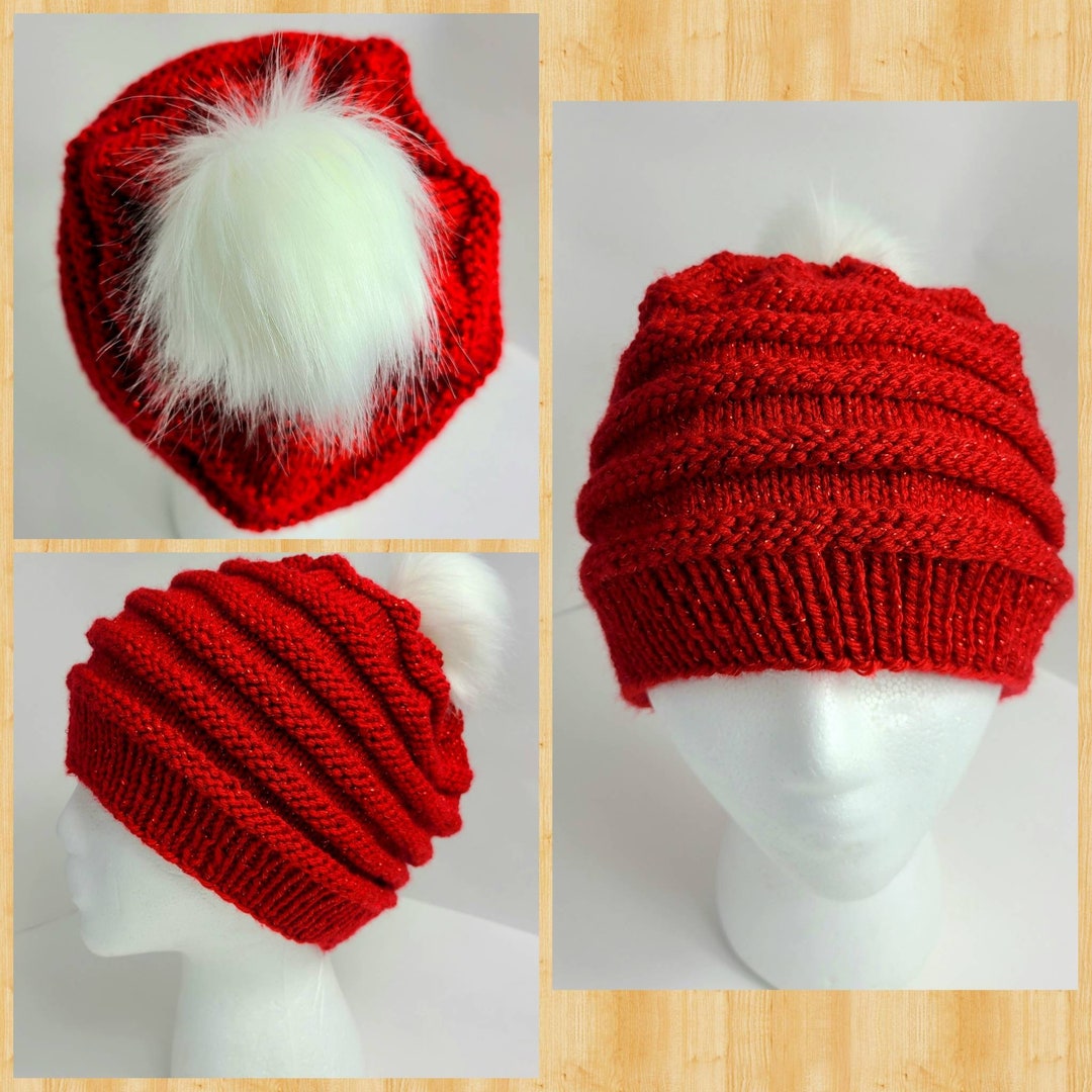 Ready to Ship Red Metallic Knit Beanie With Faux Fur Pom - Etsy