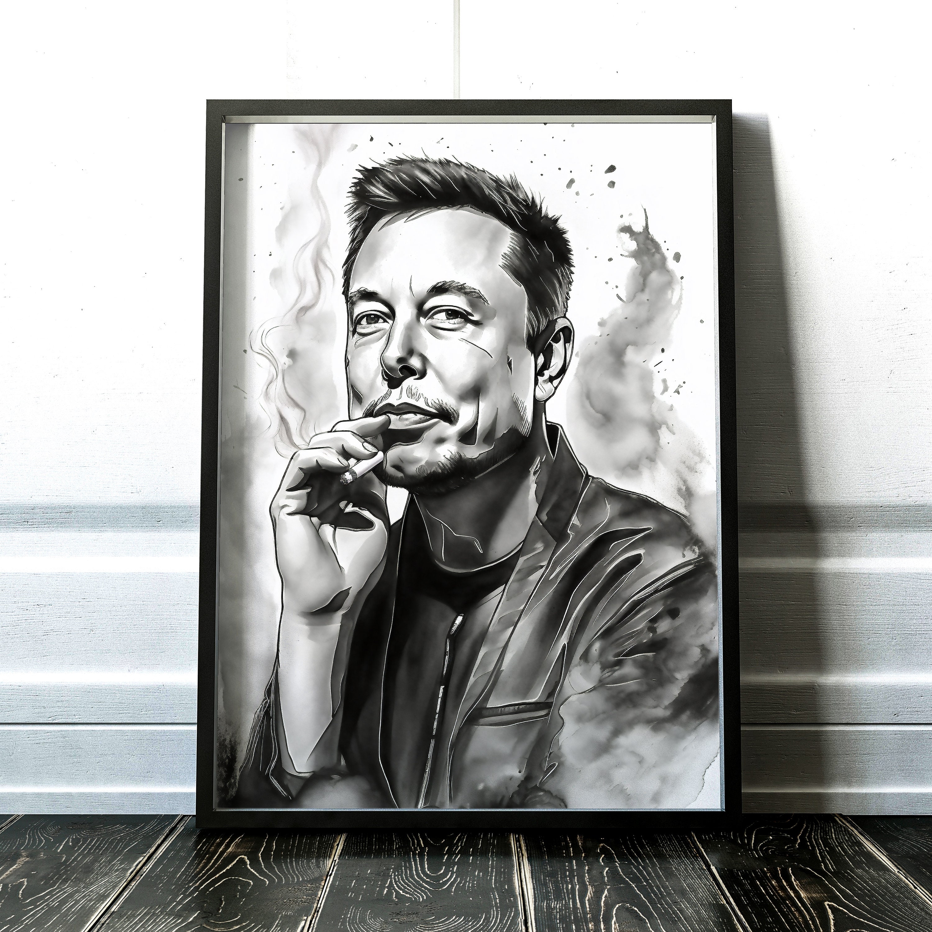 Elon Musk Portrait Smoking Hand Drawn Digital Illustration Poster Print ...
