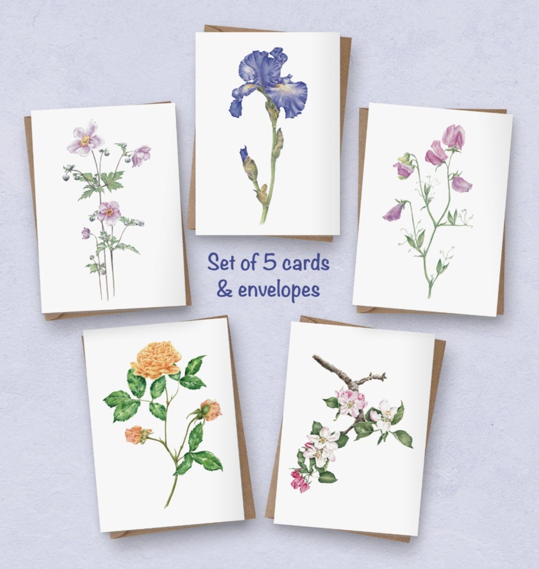 Set of 5 Flower Note Cards With Botanical Illustrations, Floral Thank ...