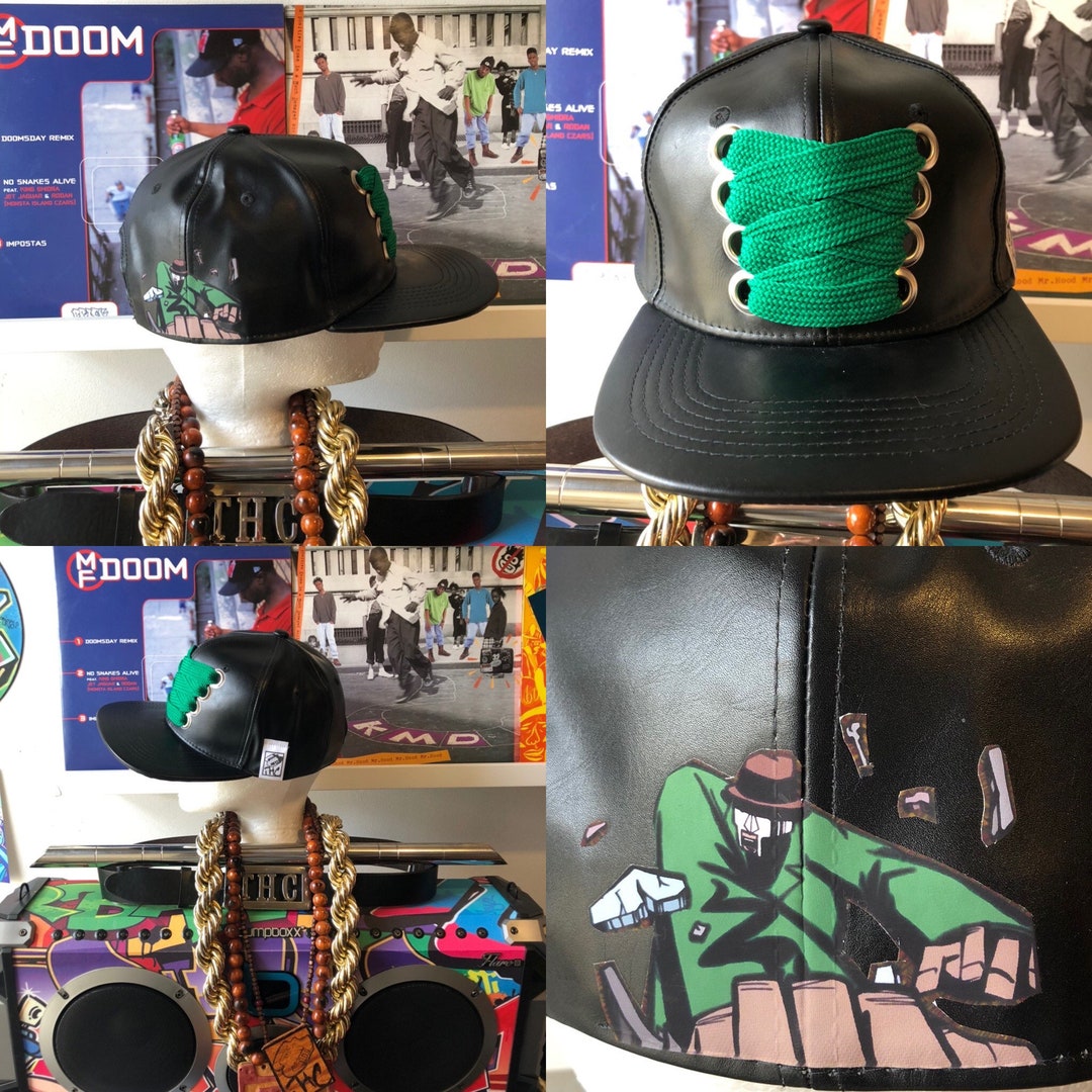 MF Doom Custom Black Snapback Cap With Green XL Fat Lace and Madvillain ...