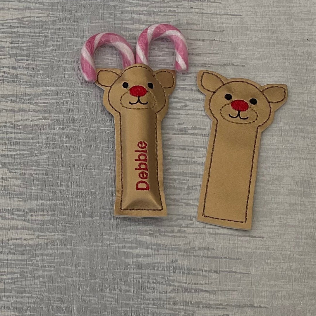 Reindeer Candy Cane Holder, Faux Leather, Sweet Holder, Embroidered ...