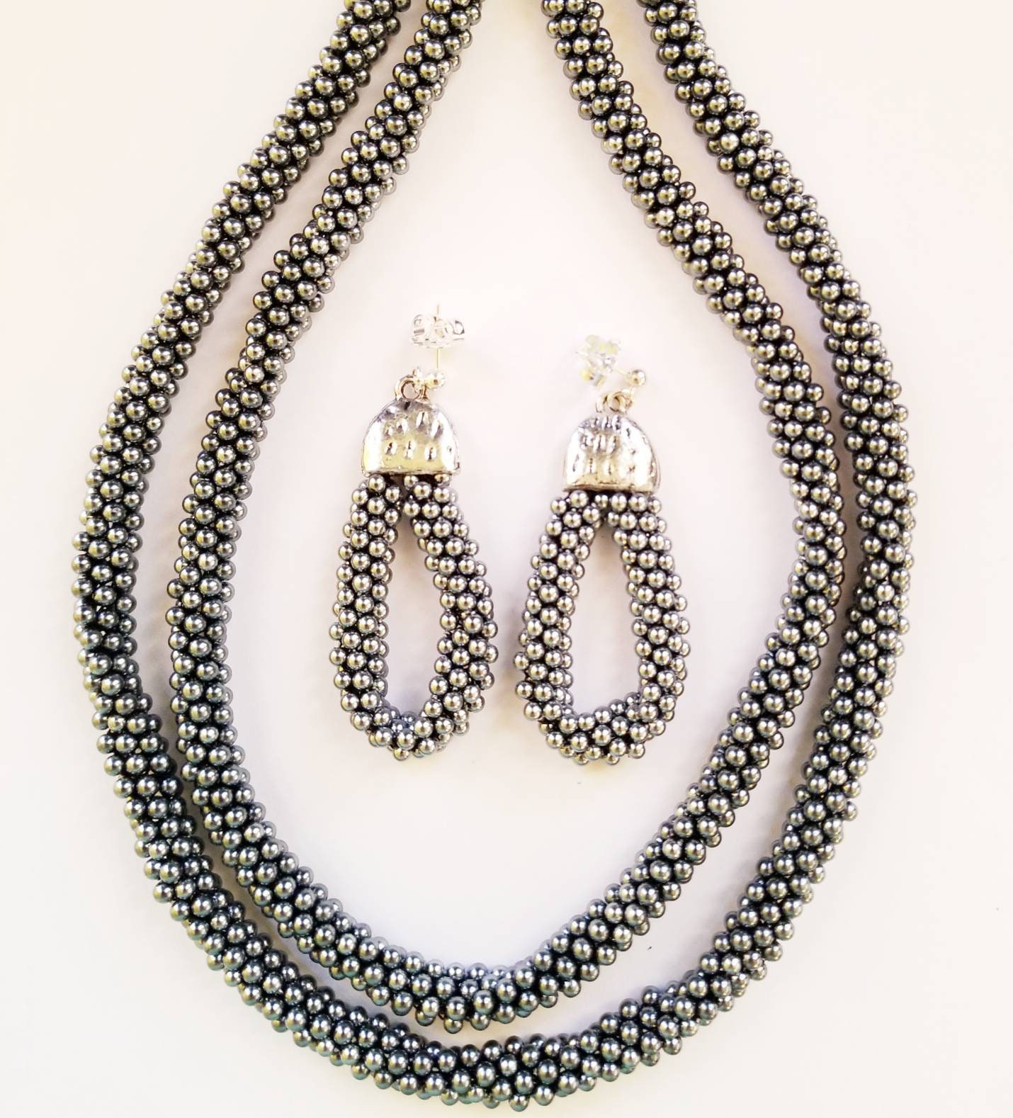 Beaded Rope Necklace and Earrings Set Silver Gunmetal Beads | Etsy