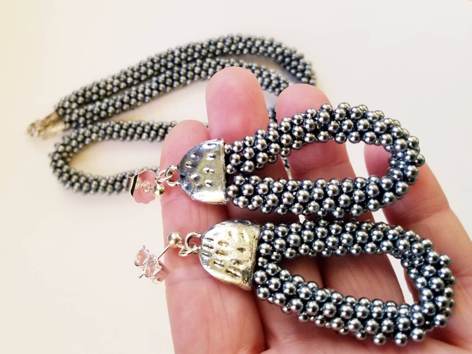 Beaded Rope Necklace and Earrings Set Silver Gunmetal Beads | Etsy