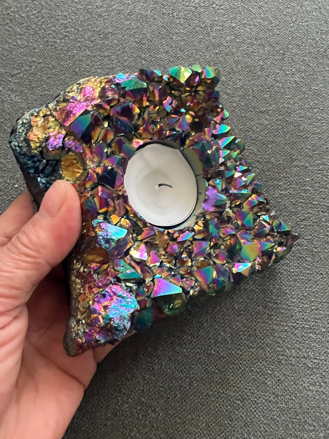Rainbow Aura Amethyst Cluster Candle Holder, Titanium Aura Amethyst ...