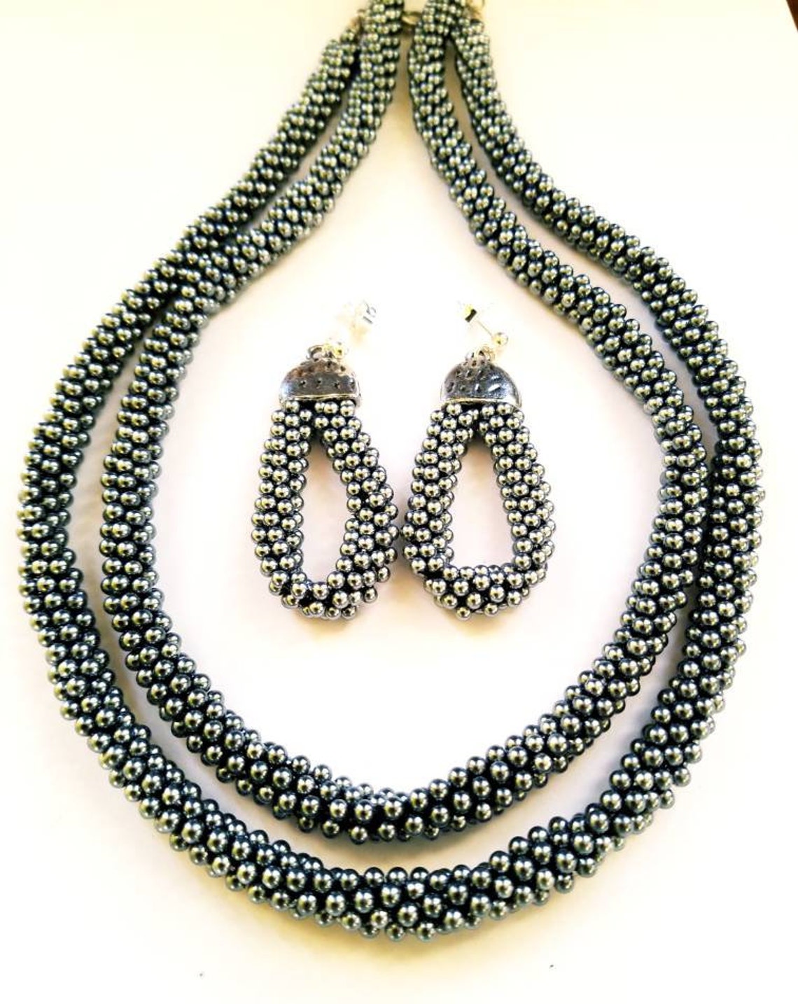 Beaded Rope Necklace and Earrings Set Silver Gunmetal Beads - Etsy