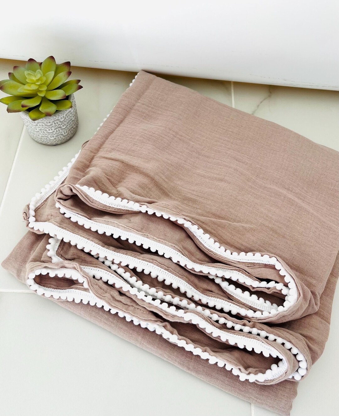 Mocha Baby Swaddle Blanket | Pom Pom Trim, Organic Muslin Cotton - Etsy