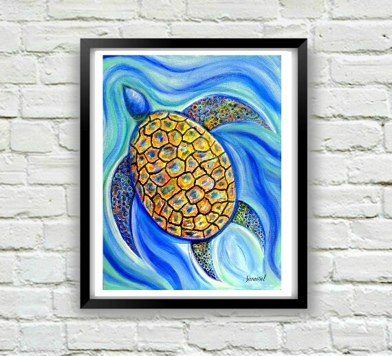 Sea Turtle Art Print Turtle Painting Coastal Art Print | Etsy
