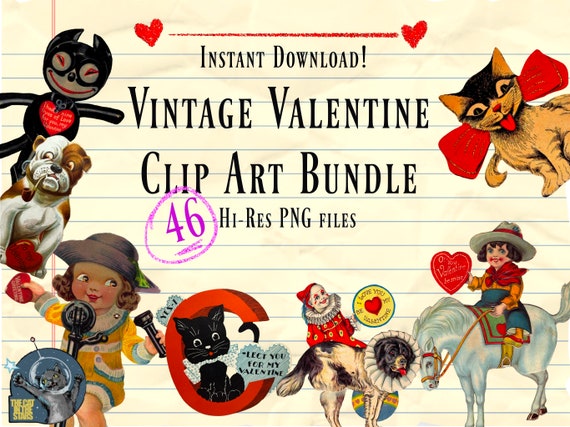 Vintage Valentines Day Clip Art BUNDLE 46 Hi Res Png Files | Etsy