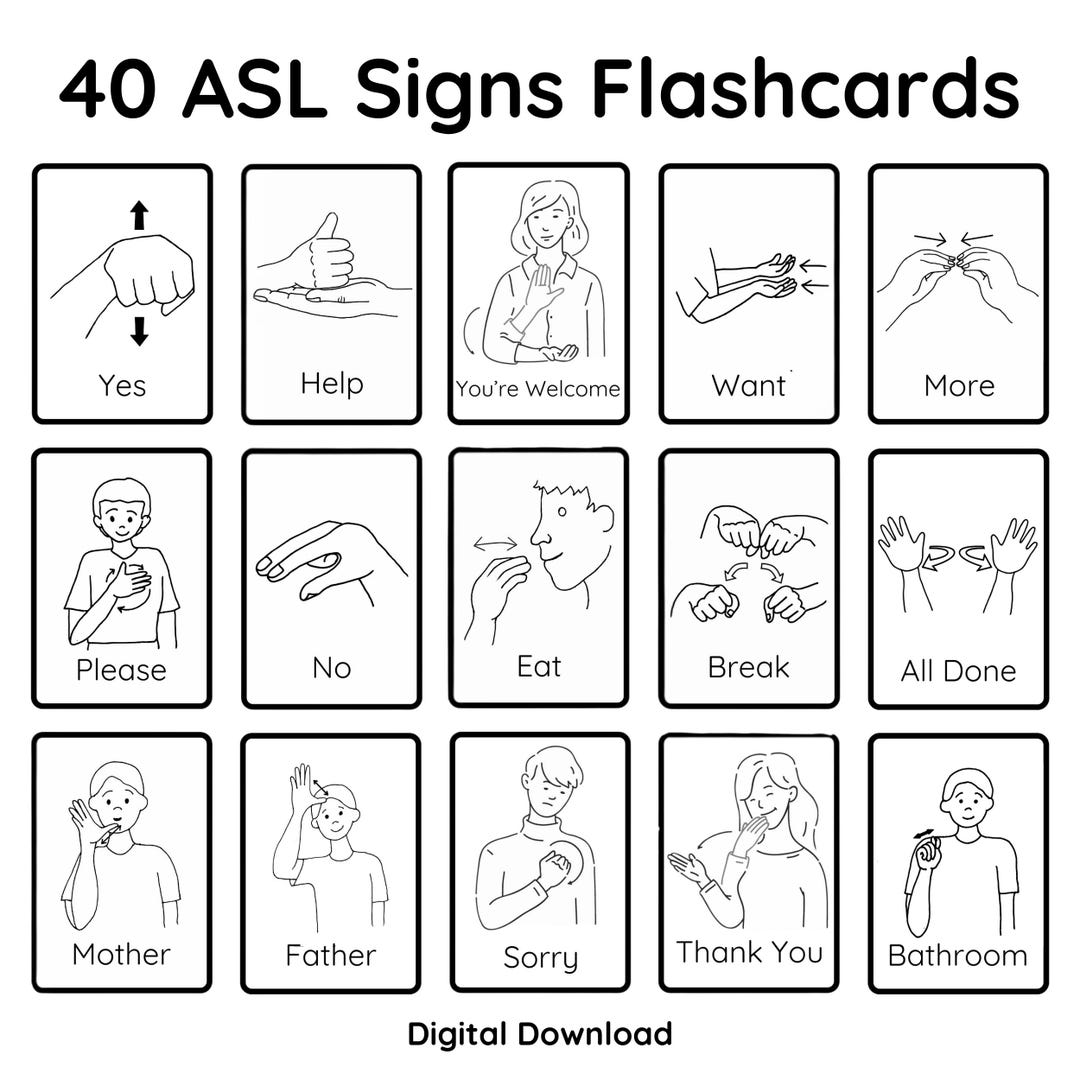 ASL Signs Flashcards - 40 Common Signs for Easy ASL Learning, Teaching ...