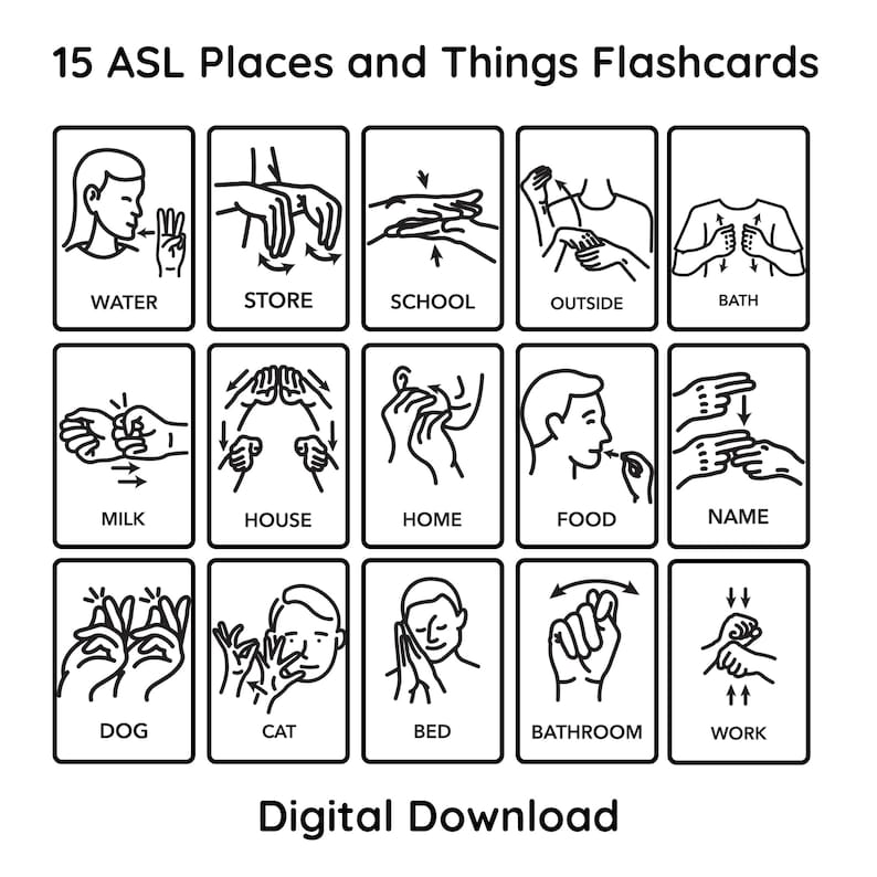 ASL Places\things Flashcards - 15 Signs for Easy ASL Learning, Teaching ...