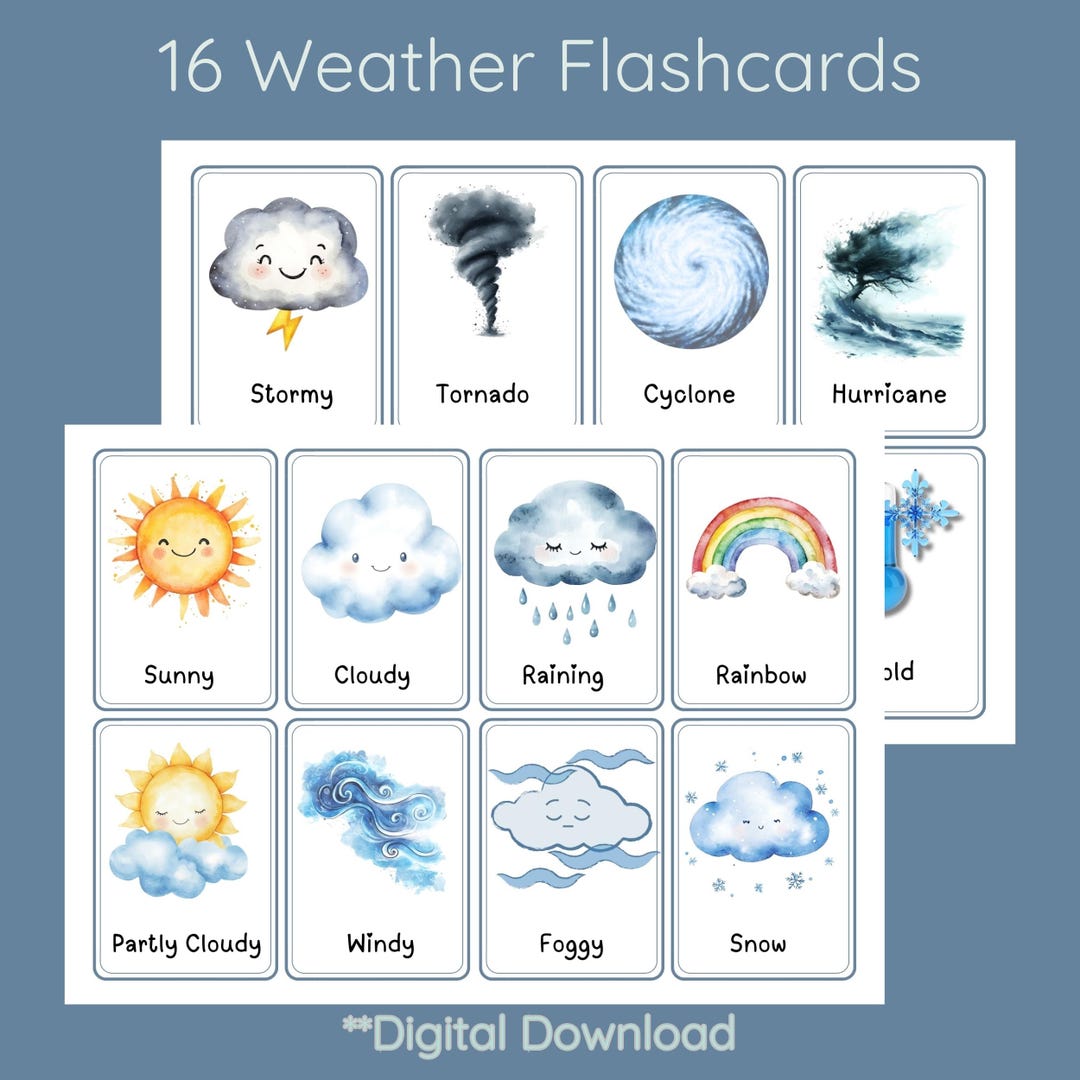 Weather Flashcards: 16 Printable Flashcards for Homeschool & Classroom ...