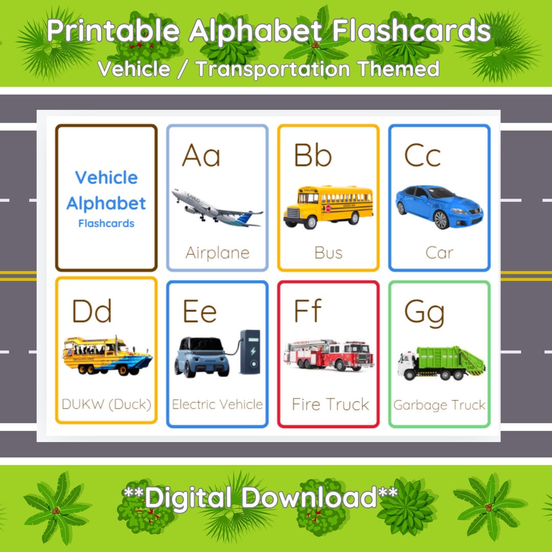 Alphabet Flashcards - Printable Vehicles and Transportation ABC ...