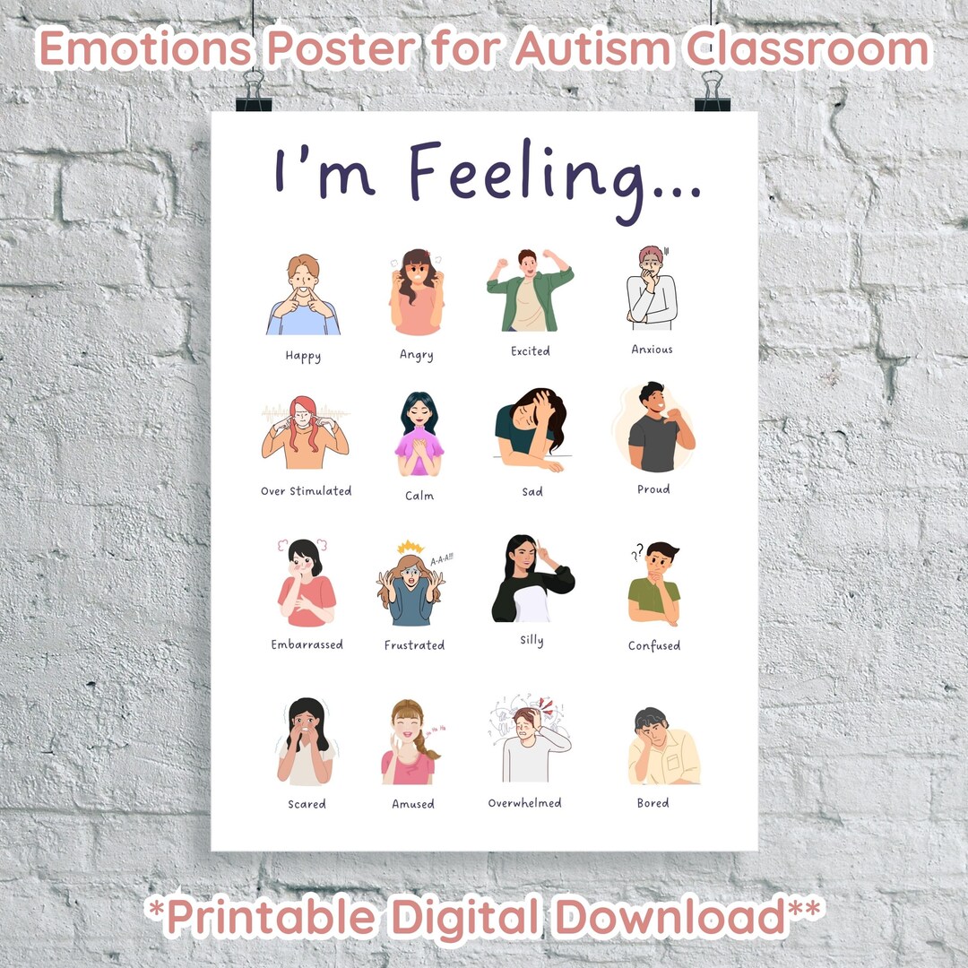 Emotions Chart Poster, Autism Classroom, Feelings Wall Art (digital ...