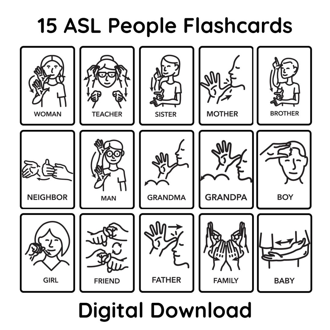 ASL People Flashcards - 15 People Signs for Easy ASL Learning, Teaching Tools for Classrooms or ...