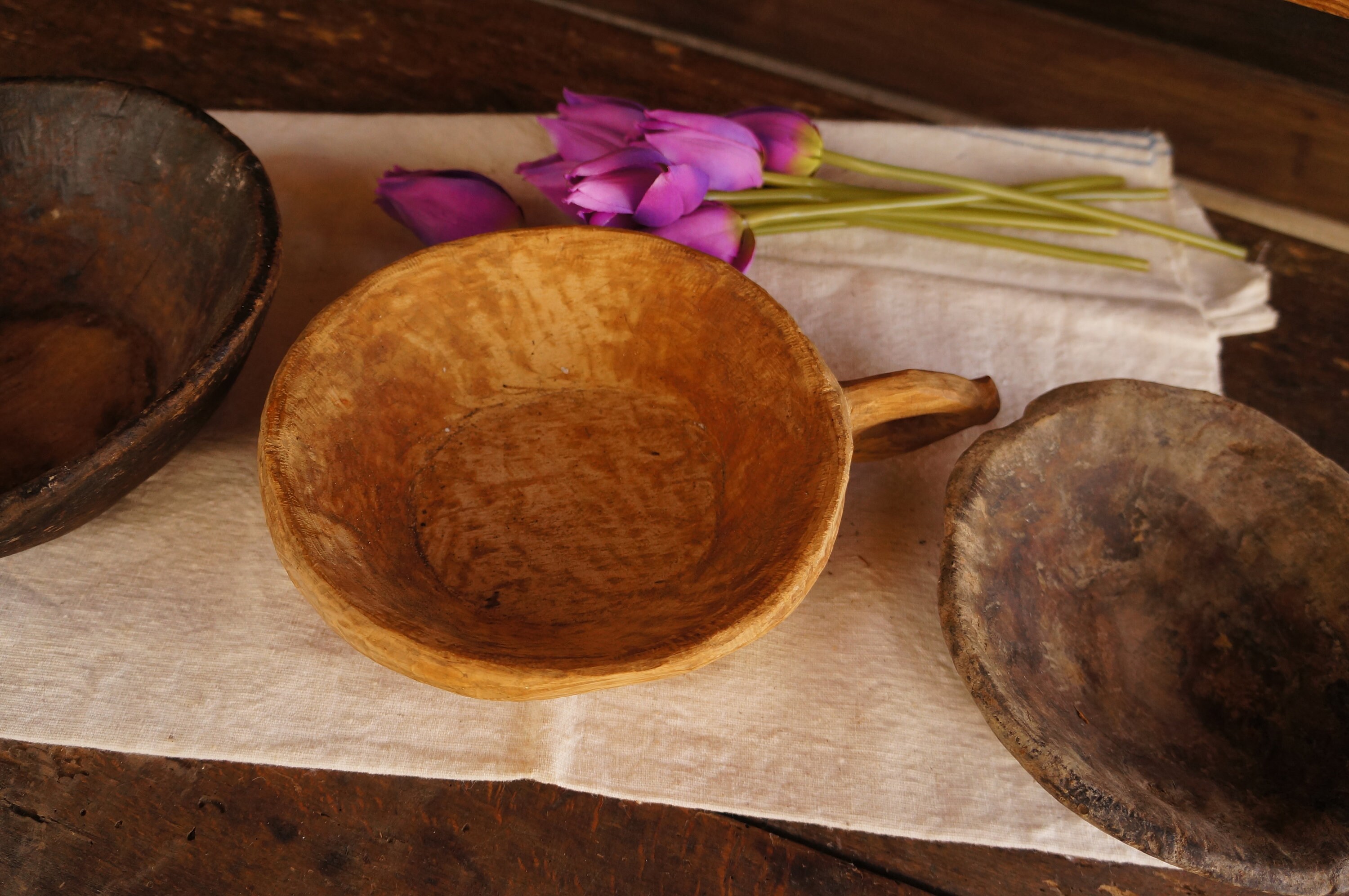 Home & Living Hand Carved Woodwork Tableware Set 3 Primitive Brown ...