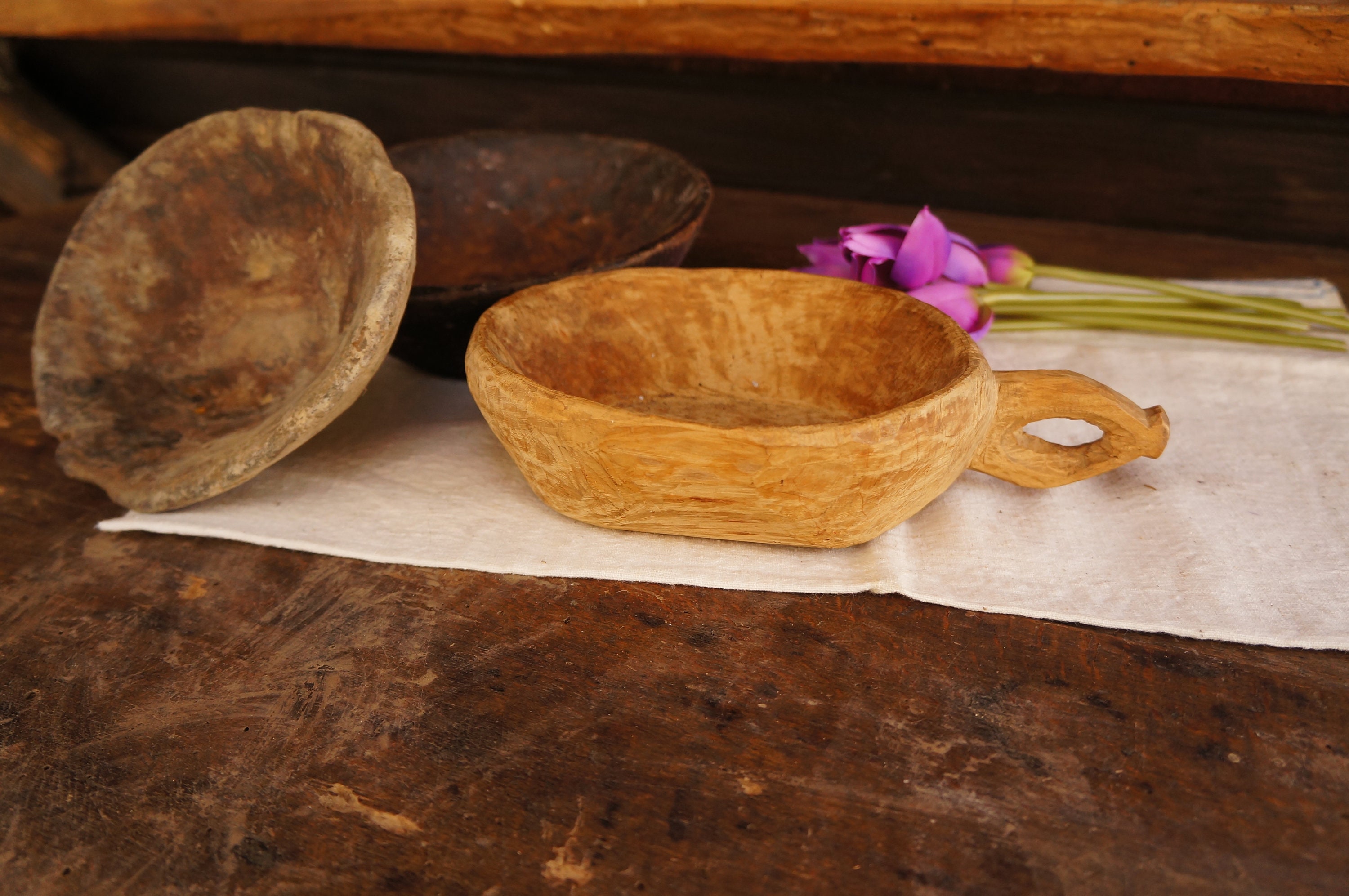 Home & Living Hand Carved Woodwork Tableware Set 3 Primitive Brown ...