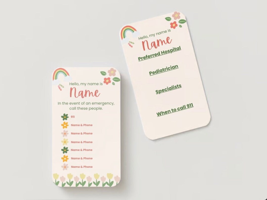 Editable Floral Emergency Card Backpack Tag - Etsy UK