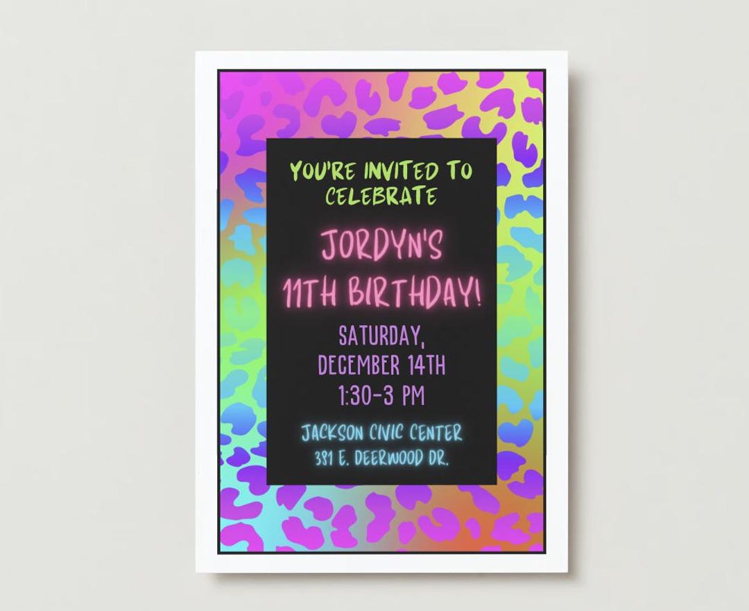 Editable Neon Leopard Lisa Frank Inspired Birthday Invitation Set - Etsy