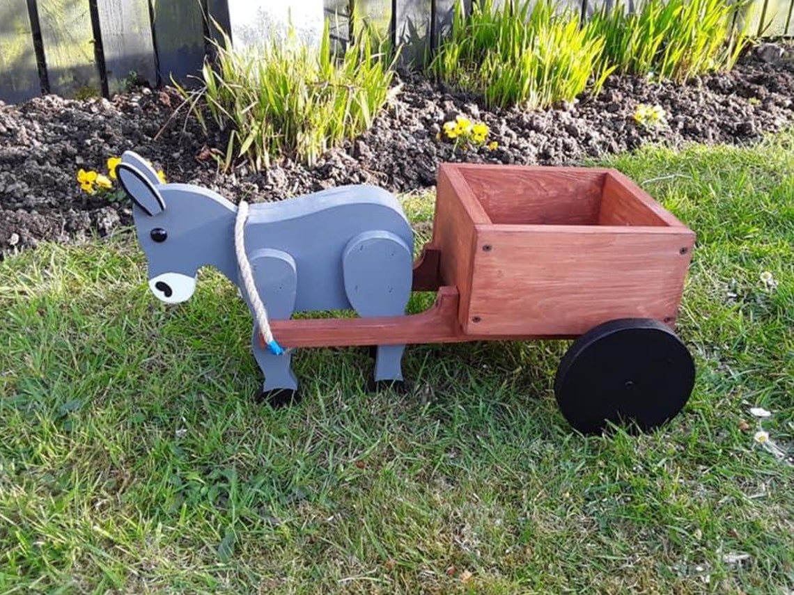 Wooden handcrafted donkey and cart planter | Etsy