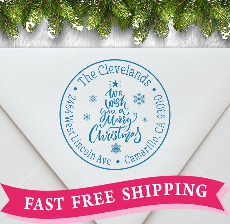 Circle Holiday Address Stamp, Christmas Tree Address Stamp, We Wish You ...