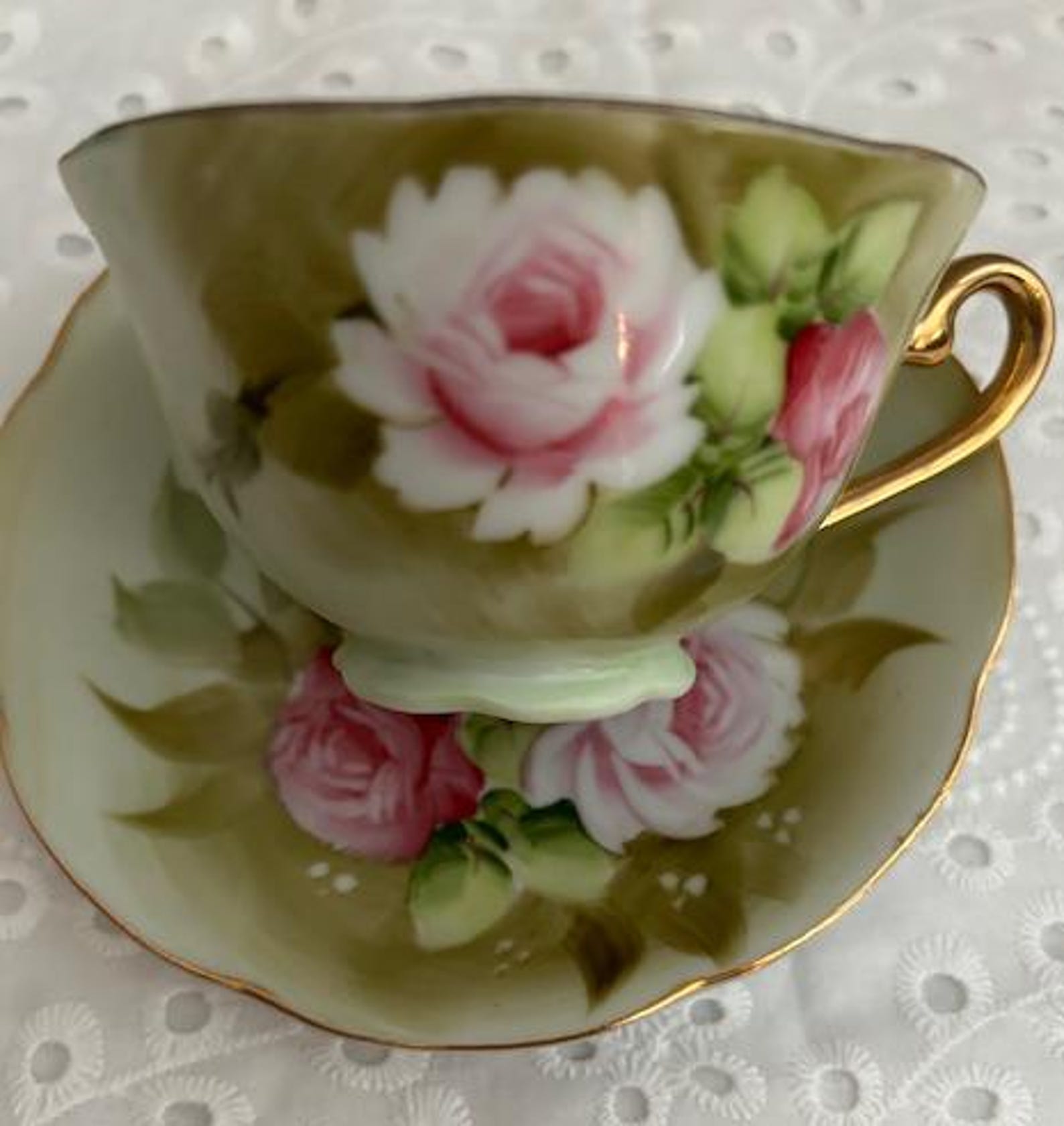 Vintage China Lefton Teacup & Saucer Green Heritage Rose Pattern Made ...