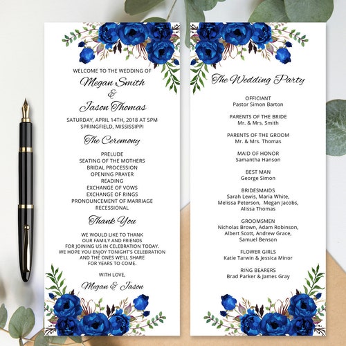 Royal Blue Wedding Program Template Royal Blue Ceremony - Etsy
