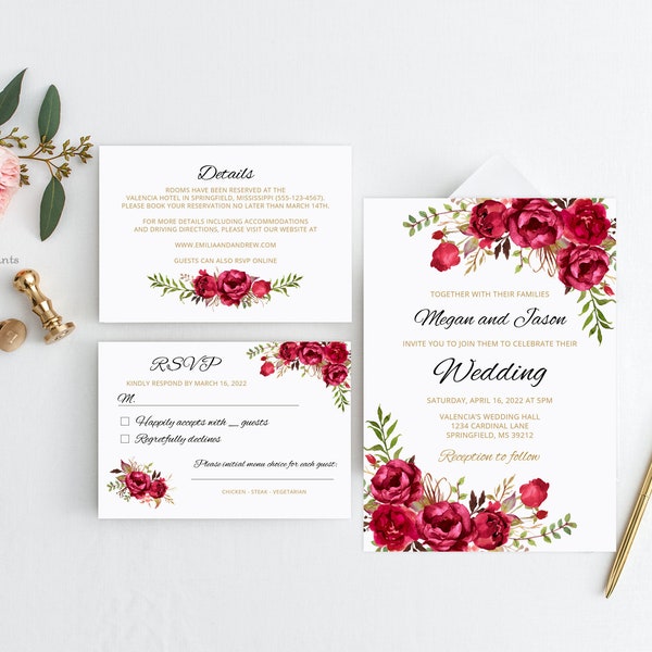 Red Floral Wedding Invitation - Etsy