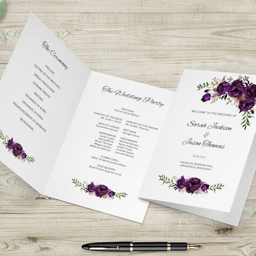 Purple Wedding Program Template Folded Booklet Purple - Etsy