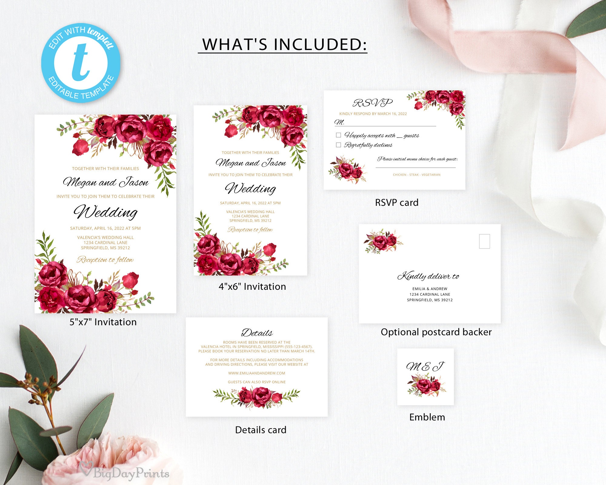 Red Wedding Invitation Template Bohemian Wedding Invitation - Etsy