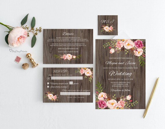 Rustic Wedding Invitation Template Ructic Floral Wedding | Etsy