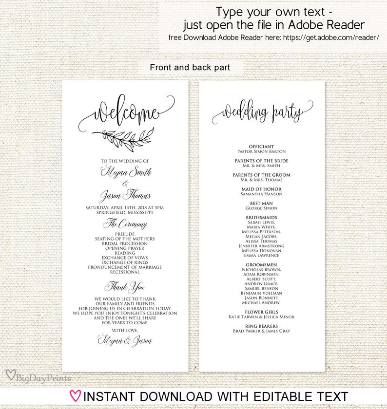 Wedding Program Template Ceremony Program Printable | Etsy
