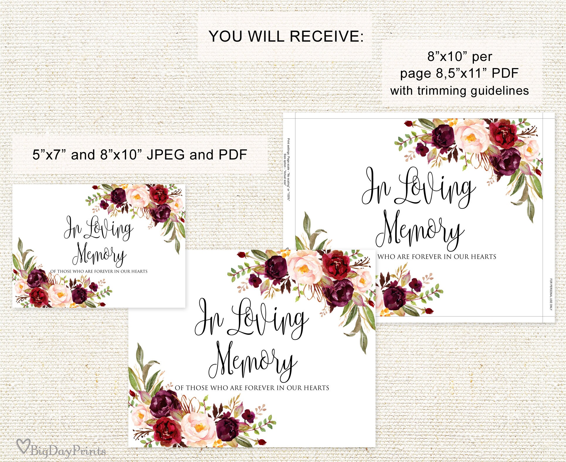 In Loving Memory Sign Memorial Table Sign Burgundy Floral | Etsy