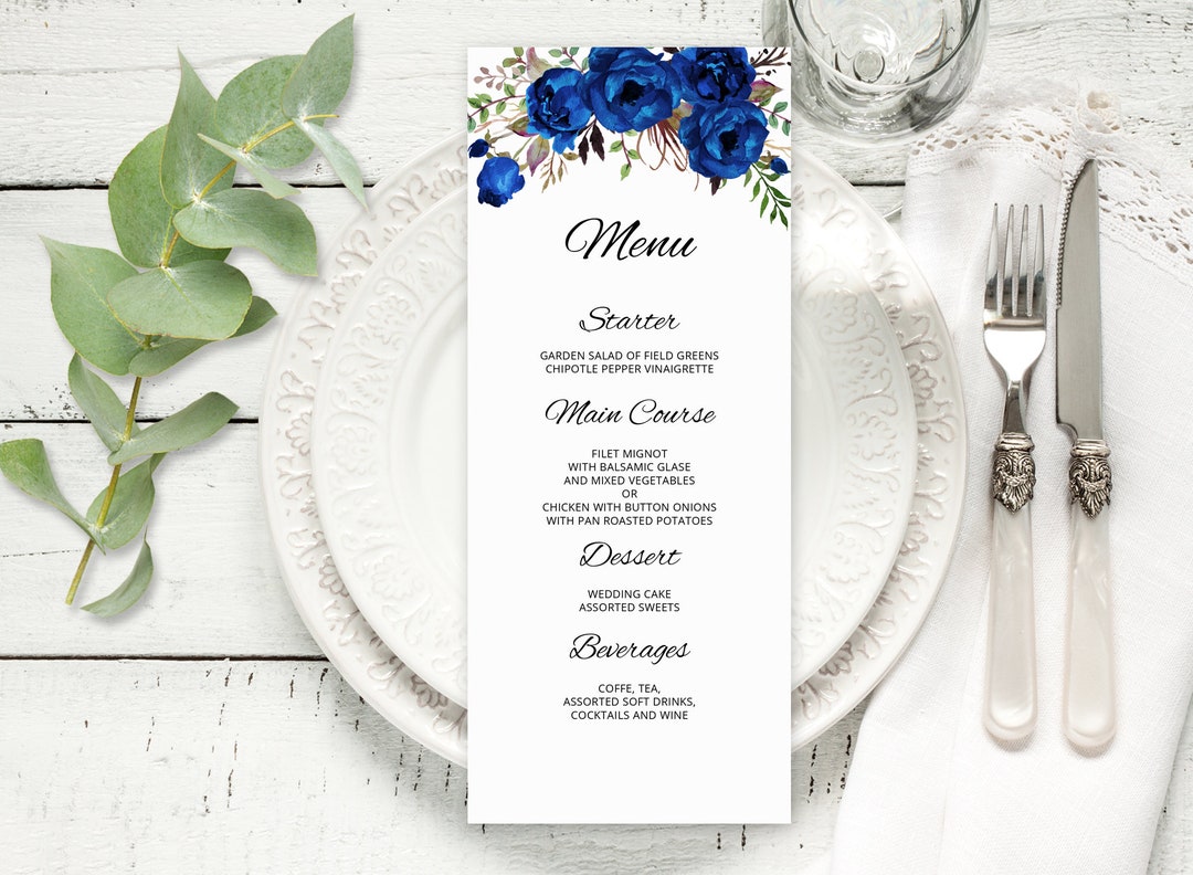 Wedding Menu Template, Royal Blue Wedding Menu, Blue Floral Wedding ...