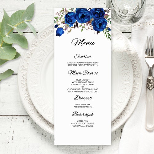 Wedding Menu Template Royal Blue Wedding Menu Blue Floral - Etsy
