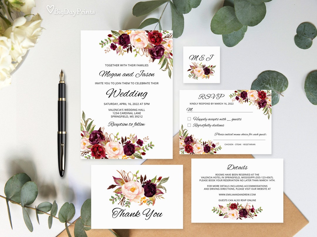 Marsala Wedding Invitation Template, Boho Chic Wedding Invitation Suite ...