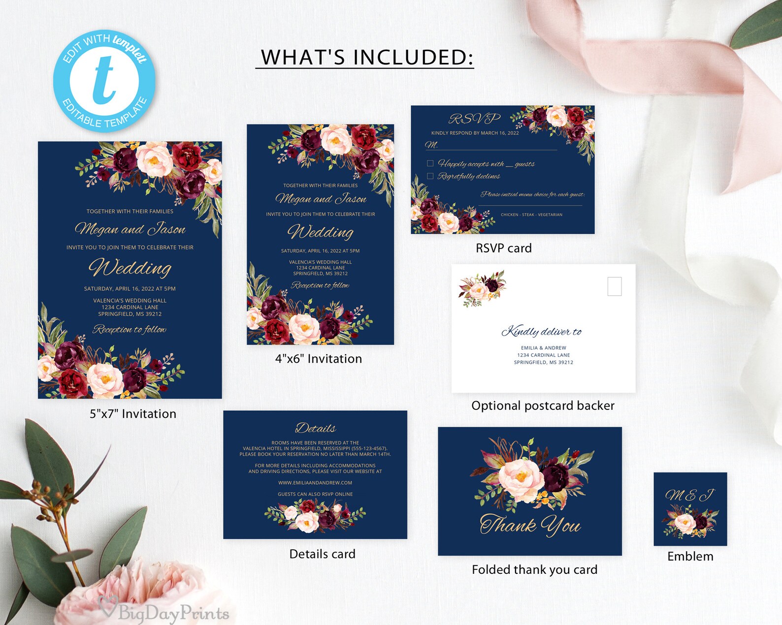 Navy Wedding Invitation Template, Blue and Burgundy Wedding Invitation ...
