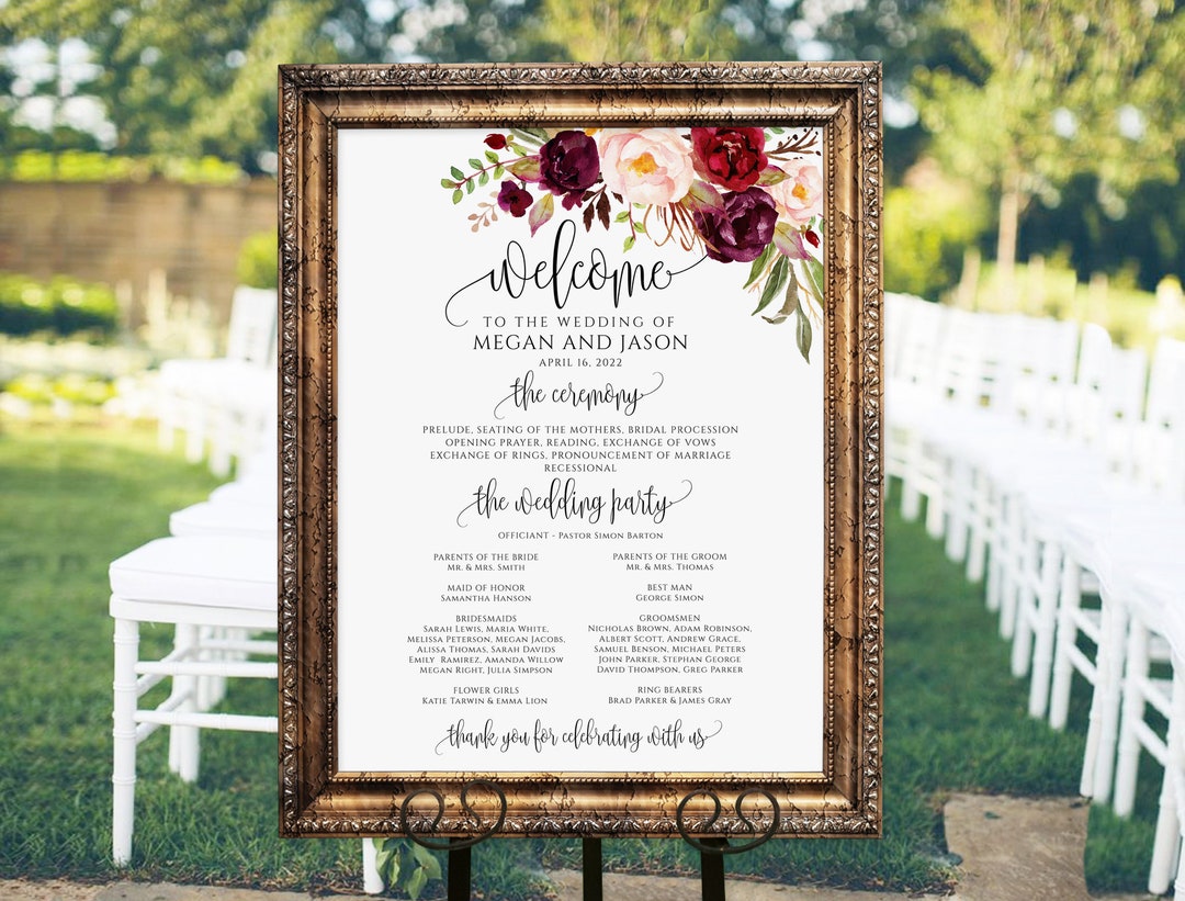 Burgundy Wedding Program Sign, Ceremony Program Sign, Marsala Wedding ...