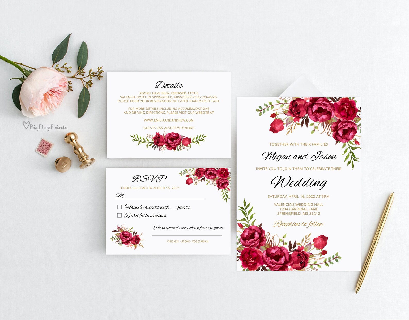 Red Wedding Invitation Template Boho Chic Wedding Invitation | Etsy