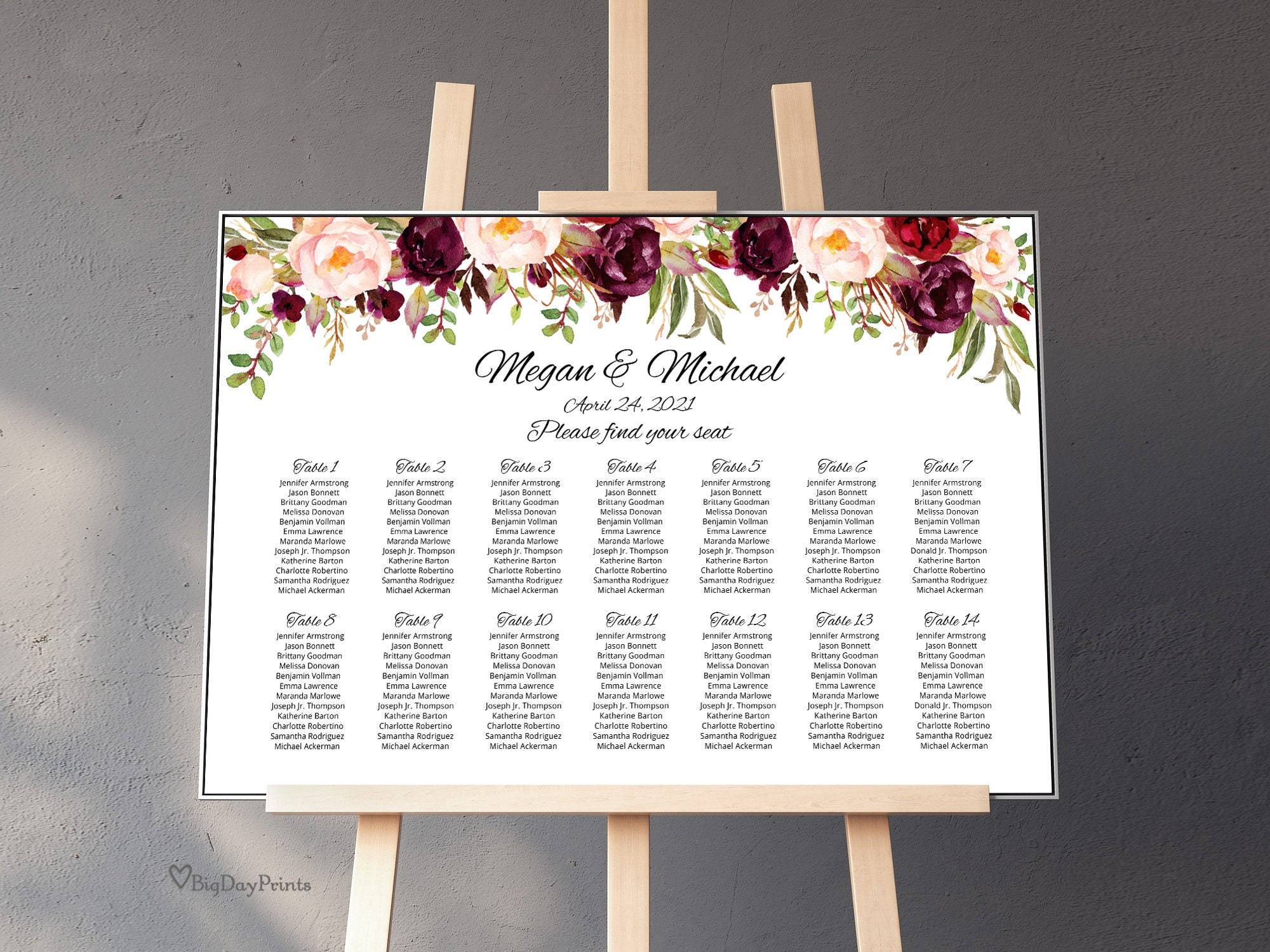 Wedding Seating Chart Template, Boho Chic Wedding Table Plan, Seating ...