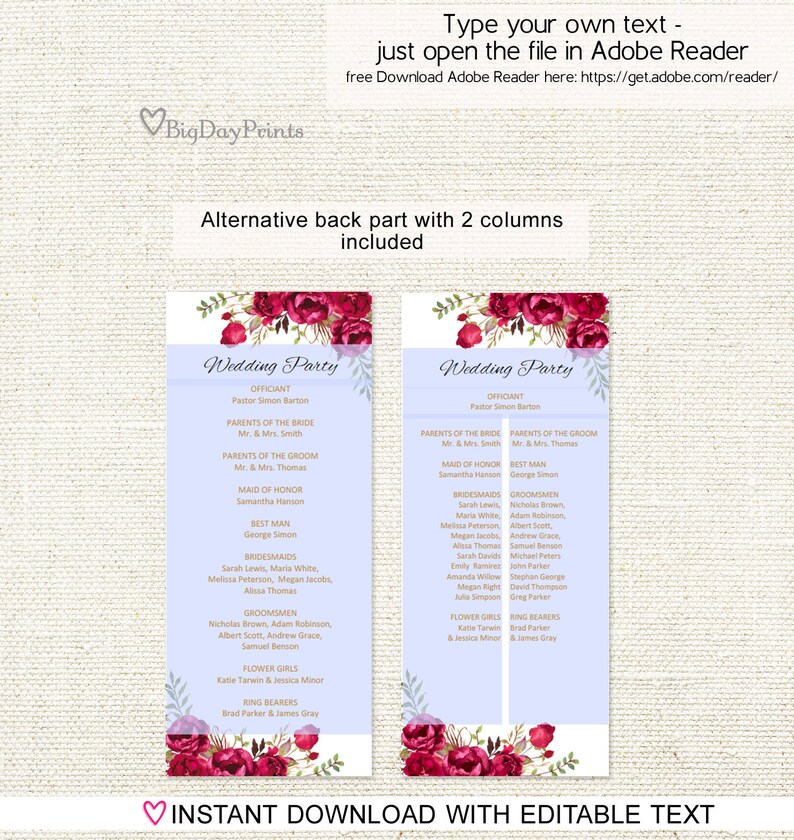 Red Wedding Program Template Ceremony Program Printable | Etsy