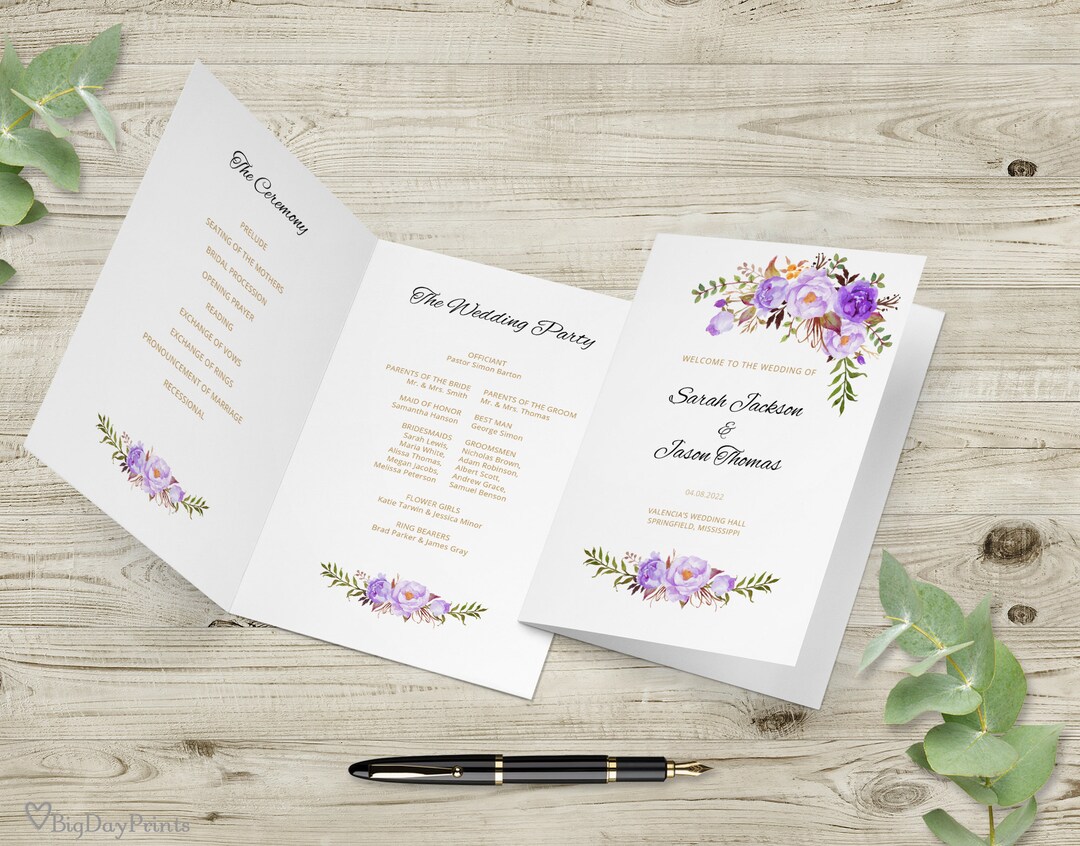 Purple Wedding Program Template, Ceremony Program Printable, Foldable ...