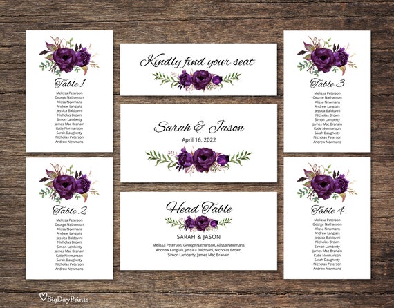 Eggplant Wedding Seating Chart Template Seating Cards Purple | Etsy