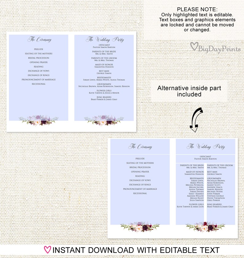 Wedding Program Template Ceremony Program Printable Folded | Etsy