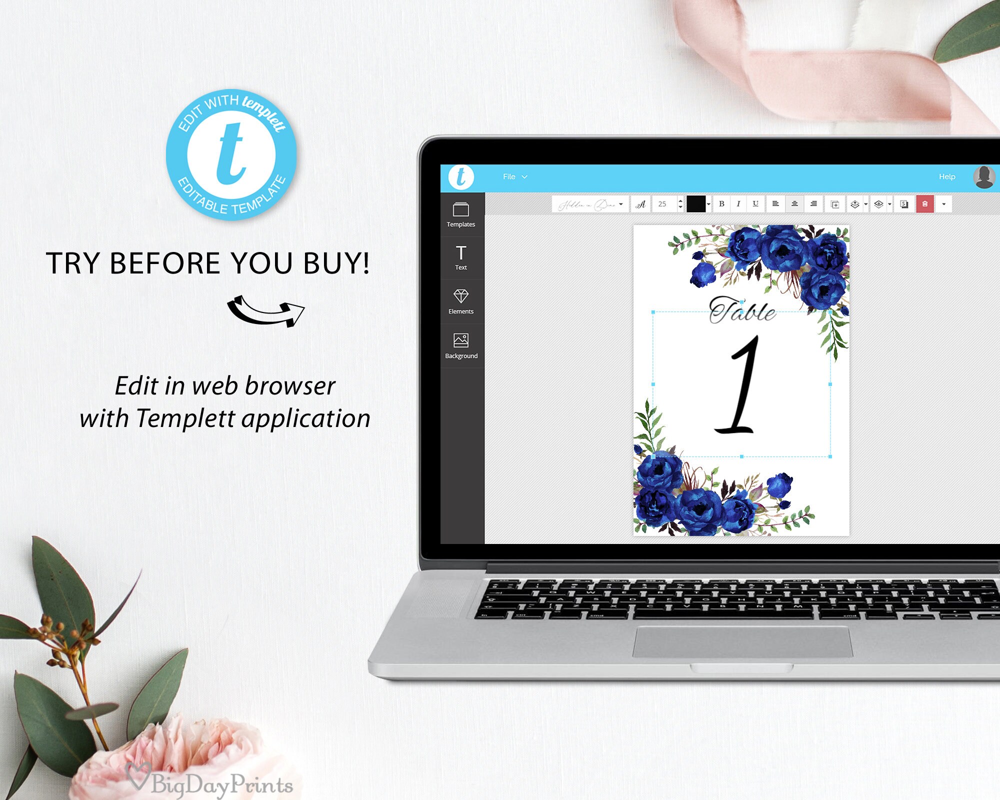Royal Blue Wedding Table Numbers, Floral Table Numbers, Printable ...